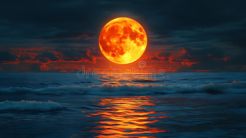Fiery Red Full Moon Rising Over Dark Ocean Waves at Night, Reflecting ...
