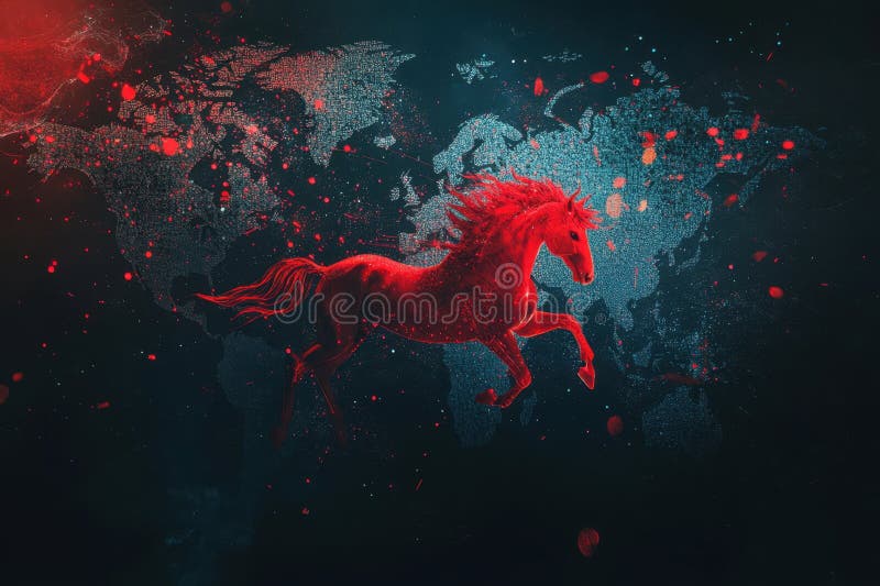 Fiery Red Horse Galloping Across Dark World Map Background in Abstract ...