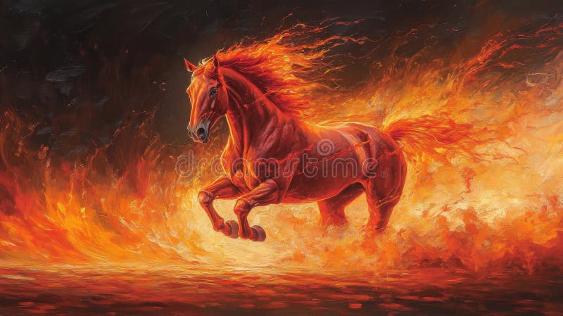 Fiery Red Horse Running through Flames at Night Stock Illustration ...