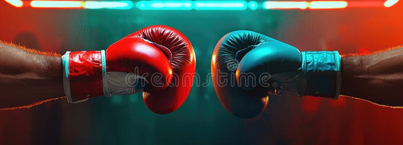 Fiery Red and Icy Blue Boxing Gloves Clash in Combat. Stock Image ...