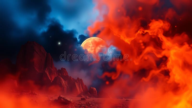 A Fiery Red Landscape with a Large Orange Moon Dominates a Dramatic ...