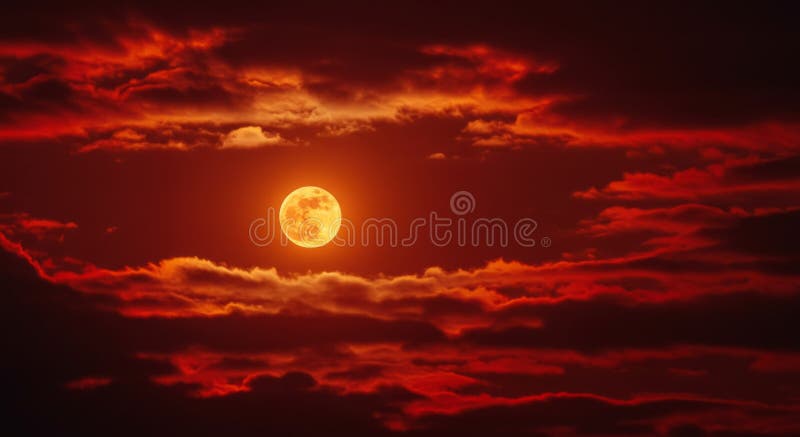 Fiery Red Moon Amidst Dark Clouds at Night Stock Illustration ...