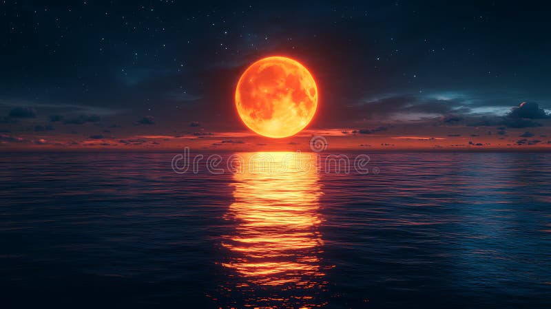 Fiery Red Moon Rising Over a Calm Ocean at Night, Reflecting on the ...
