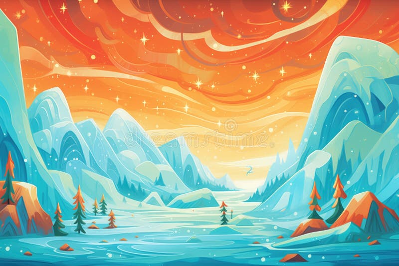 Fiery Red and Orange Aurora Over Icy Mountains Stock Illustration ...
