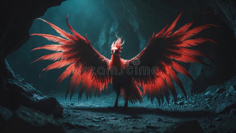 Majestic Fiery Red Phoenix with Glowing Wings in a Dark Cave ...