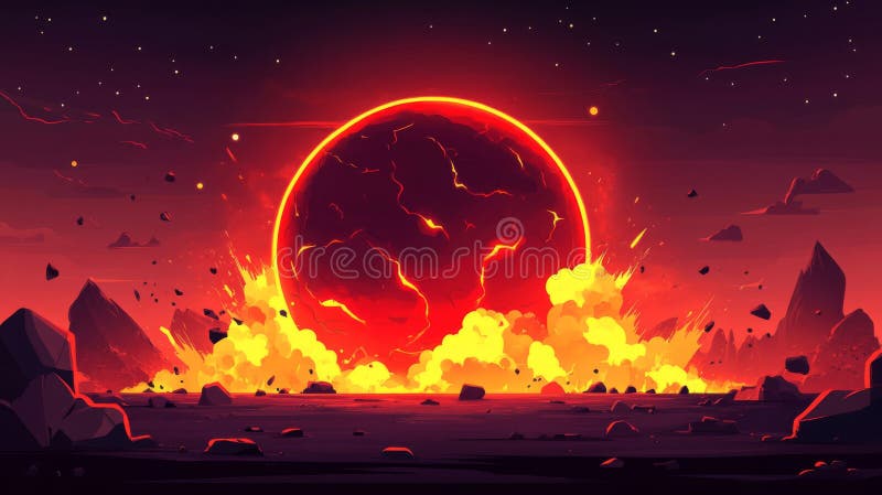 Fiery Red Planet Explosion at Night Stock Illustration - Illustration ...