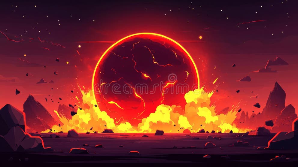 Fiery Red Planet Explosion at Night Stock Illustration - Illustration ...