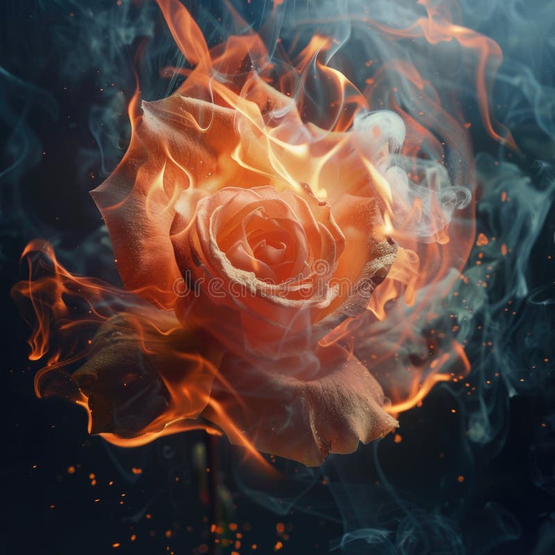 A Fiery Red Rose Consumed by Intense Flames Against a Dark Background ...