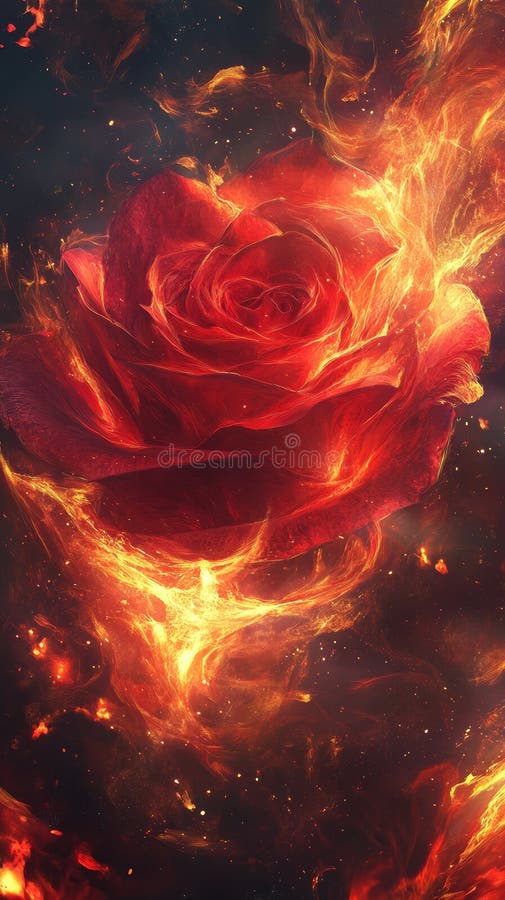 Fiery Red Rose Engulfed in Flames, Dramatic Illustration. Passionate ...