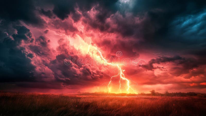 Fiery Red Storm Clouds with Intense Lightning Strike Over Field Stock ...