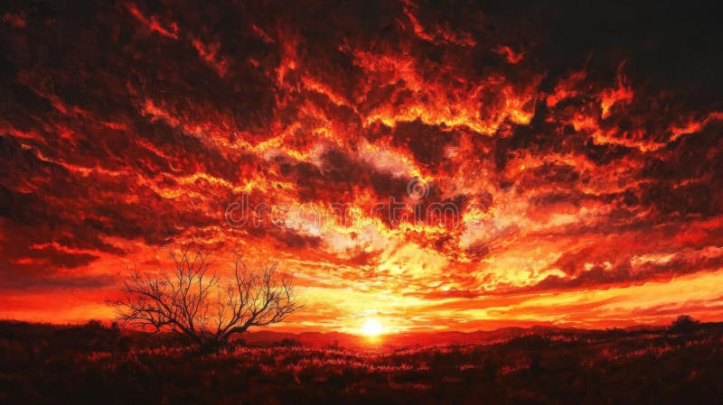 Fiery Red Sunset Over Cityscape with Tree Silhouette Stock Illustration ...