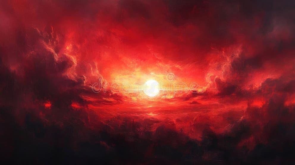 Fiery Red Sunset Sky with Dark Clouds and Bright Sun Stock Illustration ...