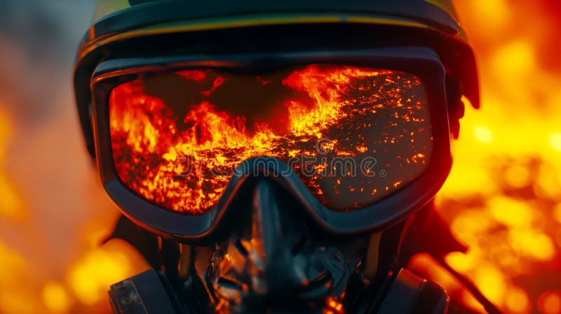Fiery Reflections Blaze in the Visor of a Firefighterâ€™s Helmet ...