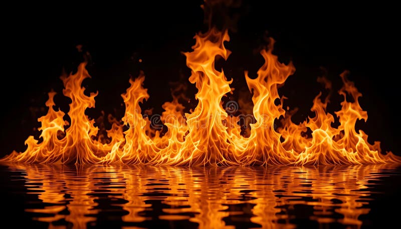 Fiery Reflections: Burning Flames Mirrored in Water, Isolated Black ...