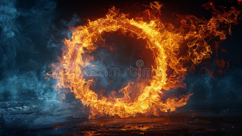 Fiery Ring with Blue and Orange Flames Against Dark Background Stock ...