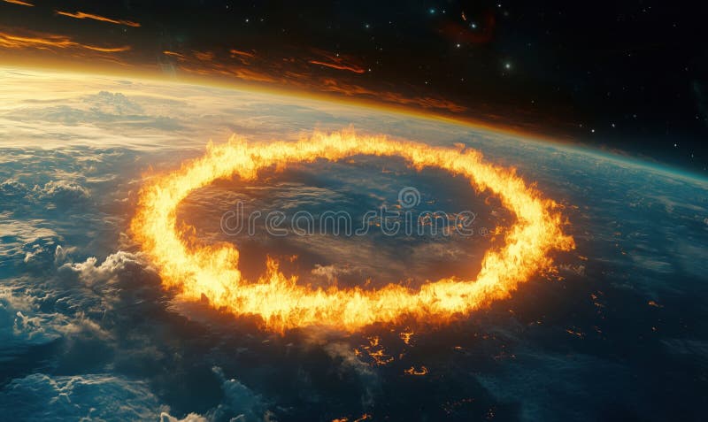 Fiery Ring Encircling Earth in Space with Dramatic Clouds and Cosmic ...