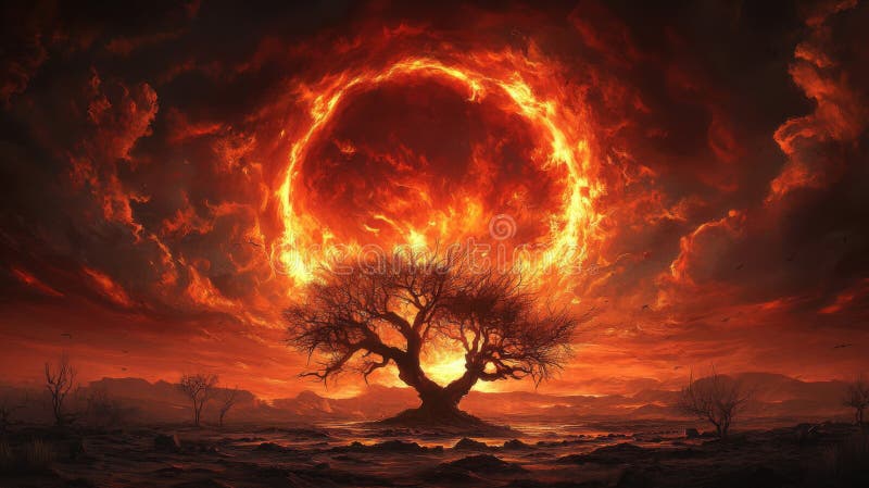 Fiery Ring Encircling Tree in Apocalyptic Landscape Stock Illustration ...