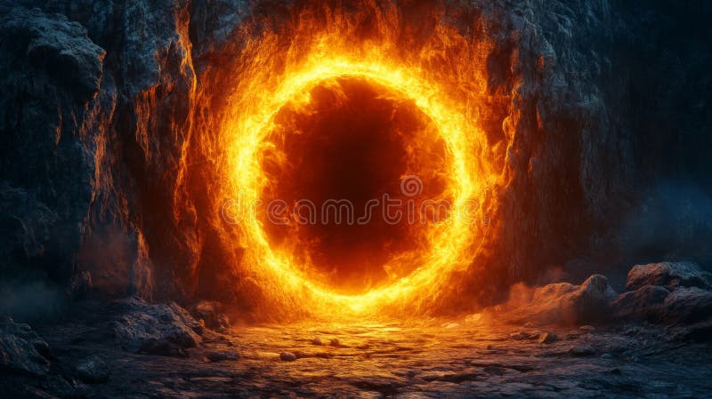 Fiery Ring of Fire in Dark Rock Formation Stock Illustration ...
