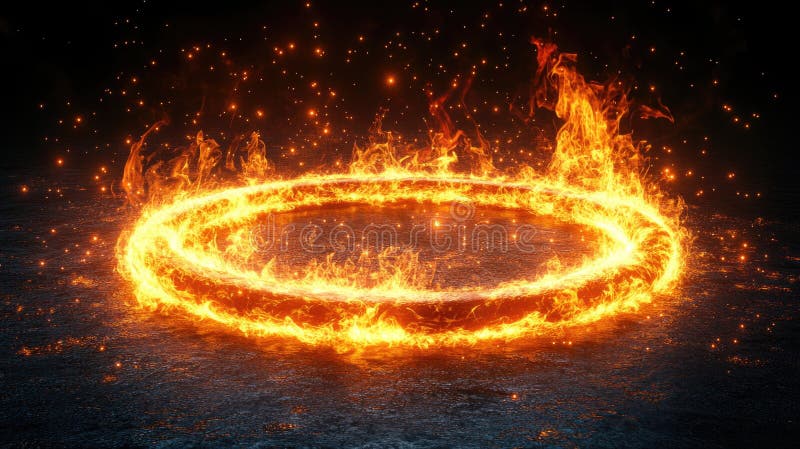 Fiery Ring of Flames: Burning Circle on Dark Surface with Sparks Stock ...