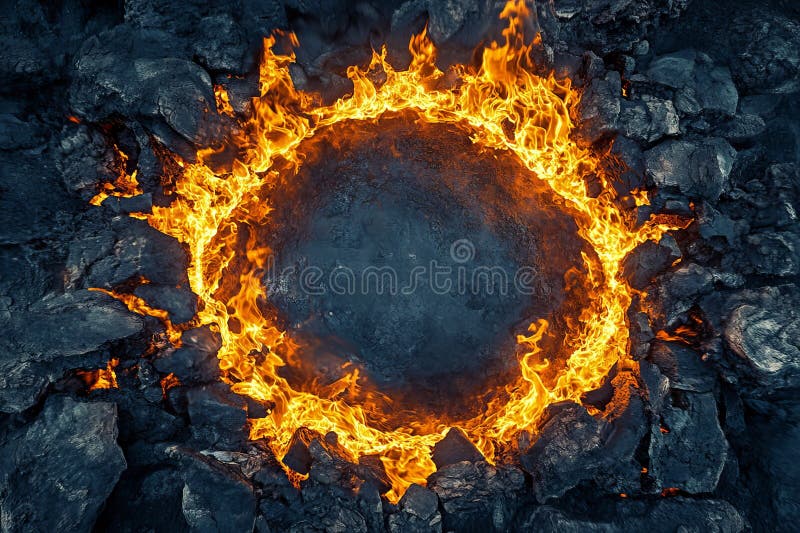 Fiery Ring of Flames Encircled by Dark Rock Stock Illustration ...