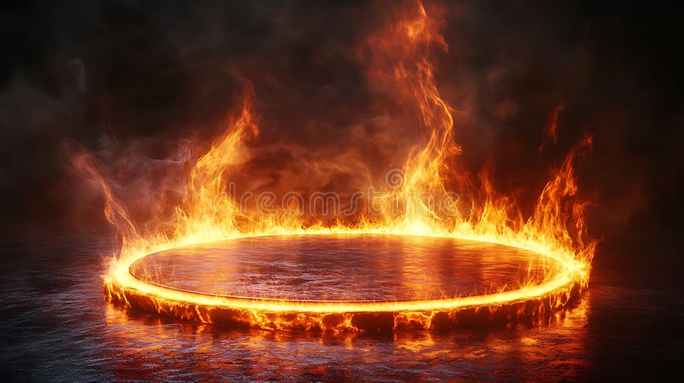Fiery Ring of Intense Flames Ignites on a Dark Reflective Surface ...