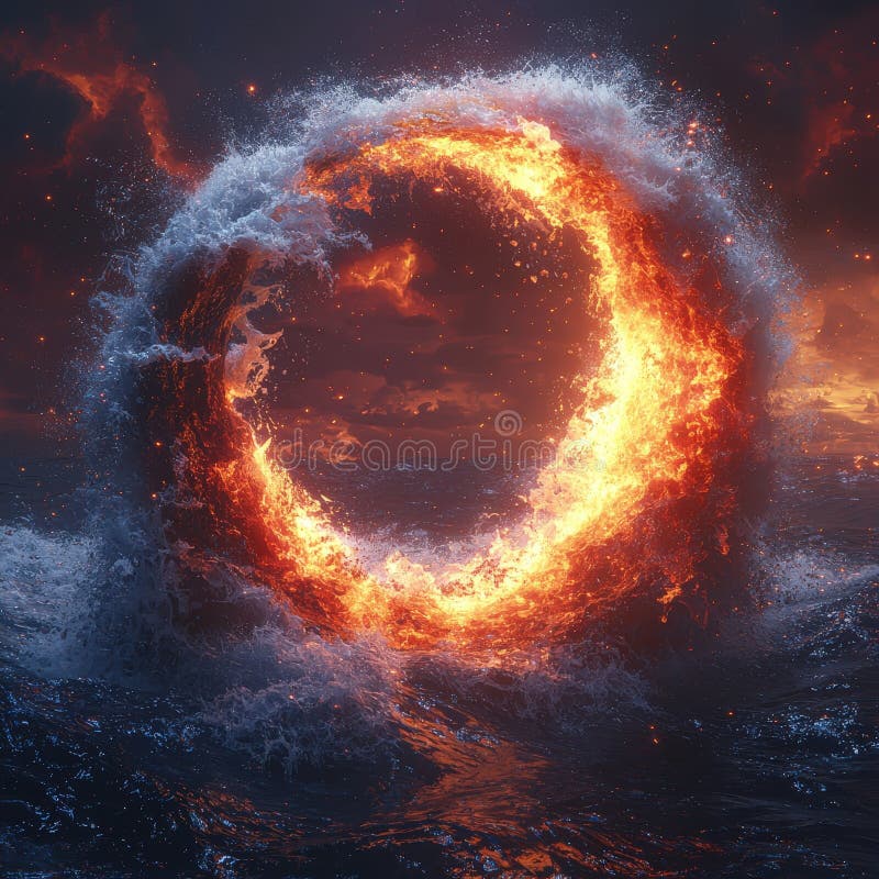 Fiery Ring of Water and Flames in Ocean Setting Stock Photo - Image of ...