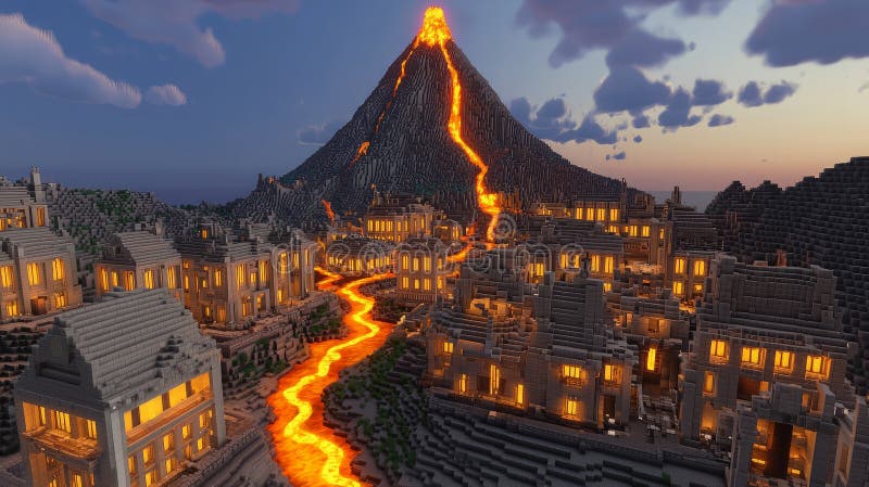 A Fiery River of Lava Flows through a City at the Foot of a Volcano ...