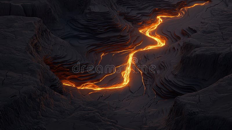 A Fiery River Meanders through a Rugged, Mountainous Landscape. Stock ...