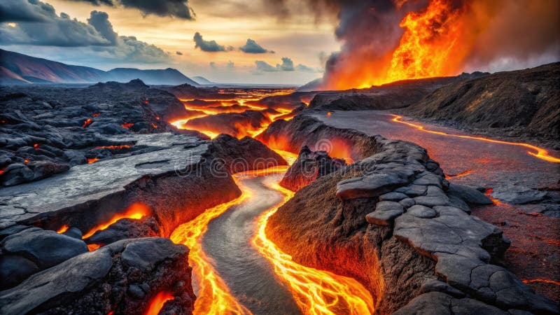 Fiery River of Molten Rock Flowing through a Volcanic Landscape at ...