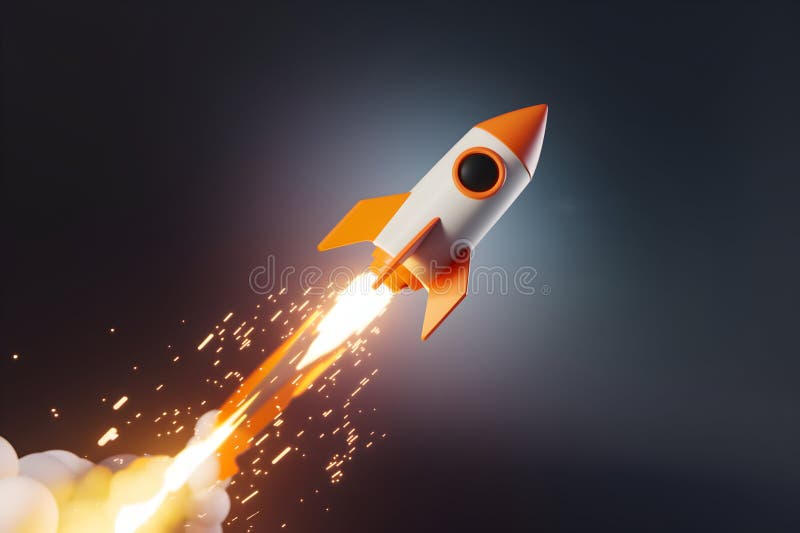 Fiery Rocket Ascending, Glowing Sparks Against Dark Gradient Sky Stock ...