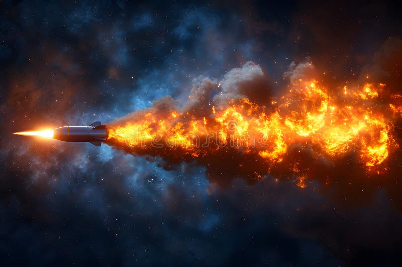 Fiery Rocket Launch in Space - Futuristic Technology Concept for Sci-Fi ...