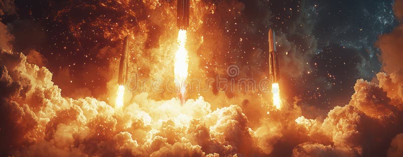 Fiery Rocket Launch Triple Spacecraft Ascent Stock Illustration ...