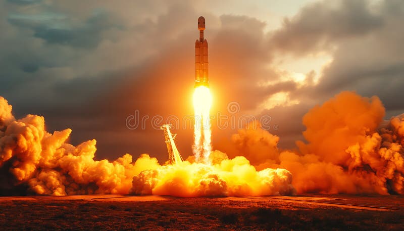 Fiery Rocket Launch Under Dramatic Sky Stock Photo - Image of fire ...