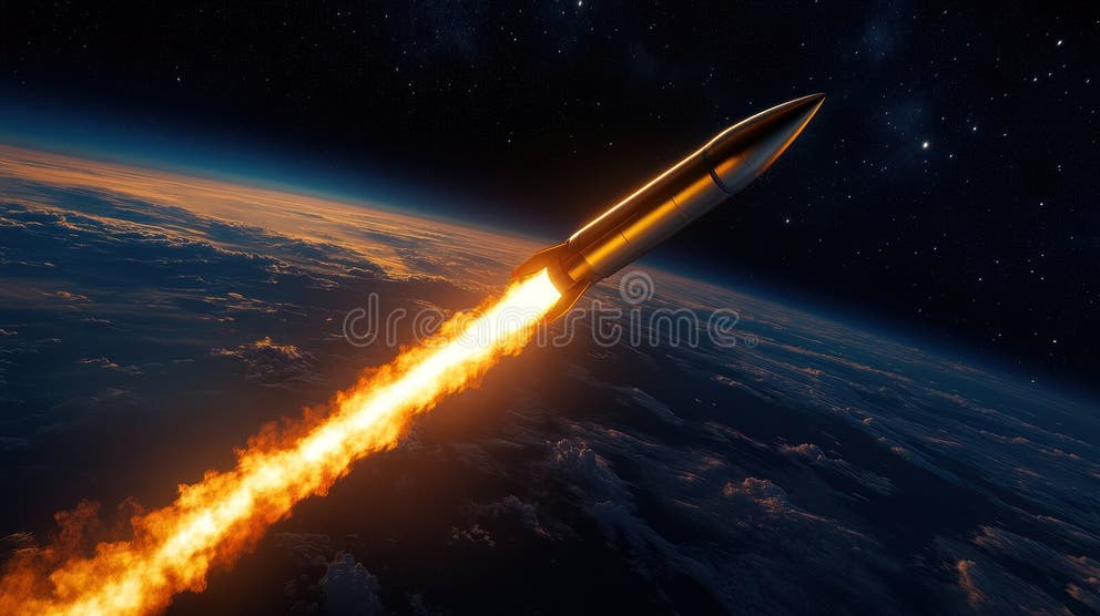Fiery Rocket Soaring through Dramatic Sunset Sky Stock Illustration ...