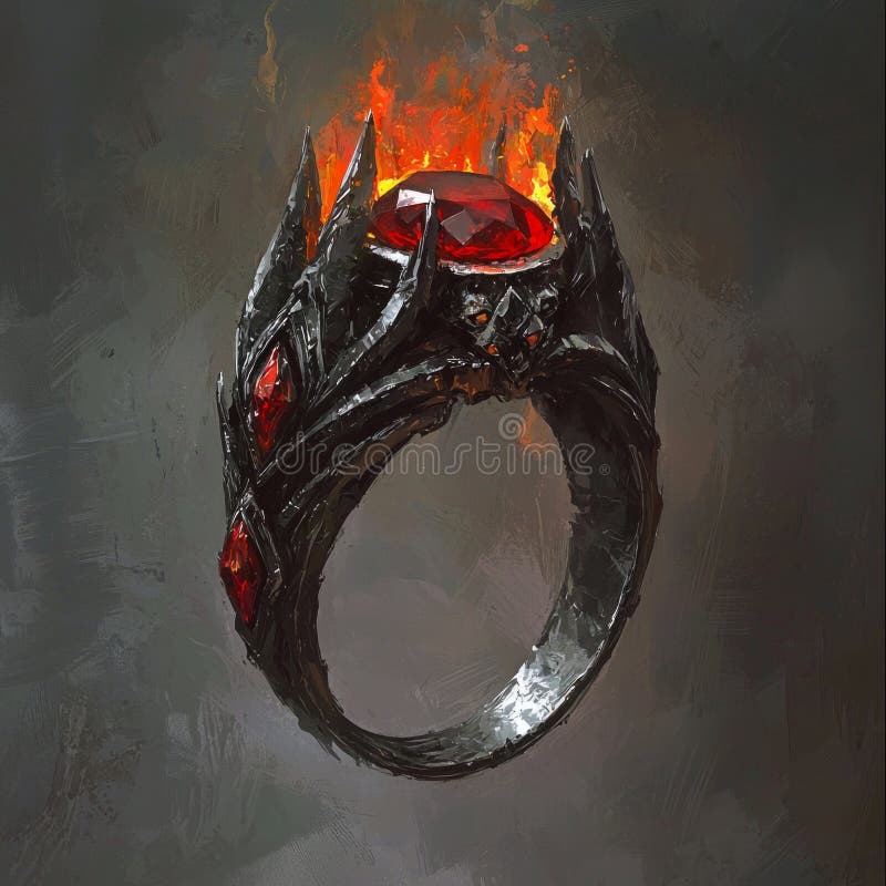 Fiery Ruby-studded Ring with Flames and Dark Metallic Spikes Stock ...