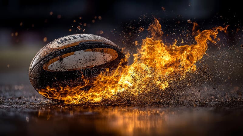 Fiery Rugby Ball a Detailed Close-up of a Burning Ball with Flickering ...