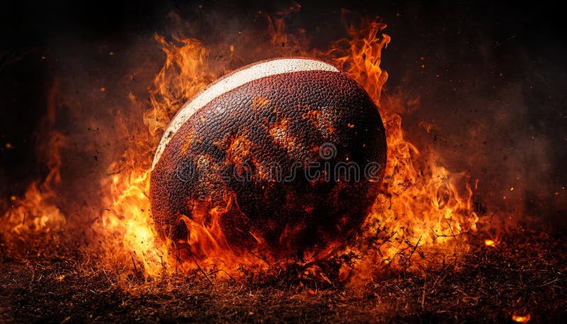 Fiery Rugby Ball Engulfed in Flames on a Dark Background, Symbolizing ...
