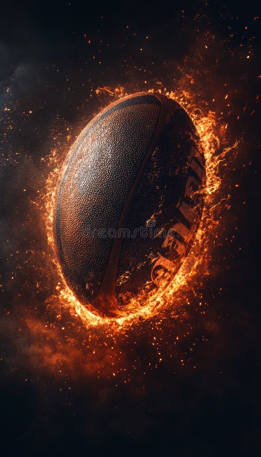 Fiery Rugby Ball Engulfed in Flames on a Dramatic, Dark Background ...