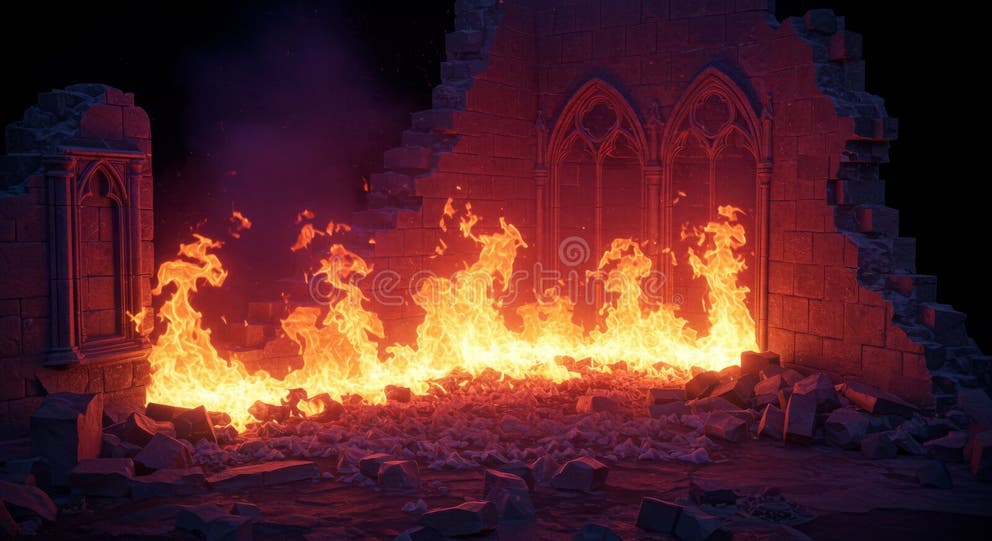 Fiery Ruins of Gothic Architecture at Night Stock Illustration ...