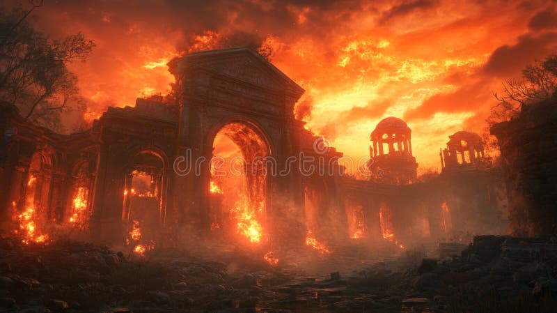 Fiery Ruins at Sunset: Apocalyptic Destruction Stock Illustration ...