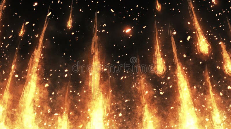 A Fiery Scene Depicting Falling Meteors or Flames Against a Dark ...