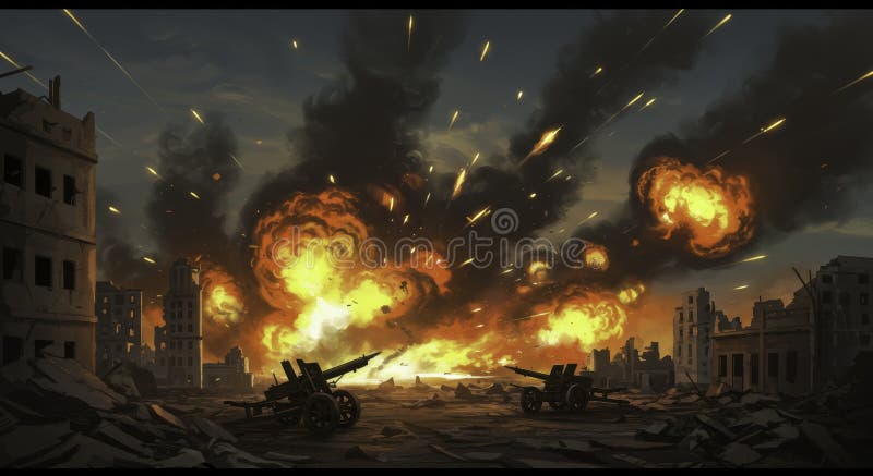 Intense Battlefield Artillery Barrage: War Destruction Scene Stock ...