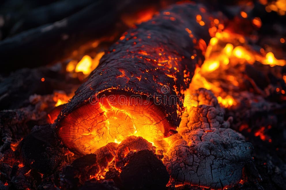 A Fiery Scene with a Log Burning in the Background, Perfect for Use in ...