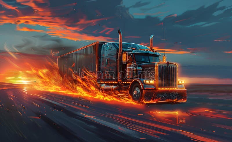 Fiery Semi-truck in Motion on Highway, Dramatic Transportation Scene ...
