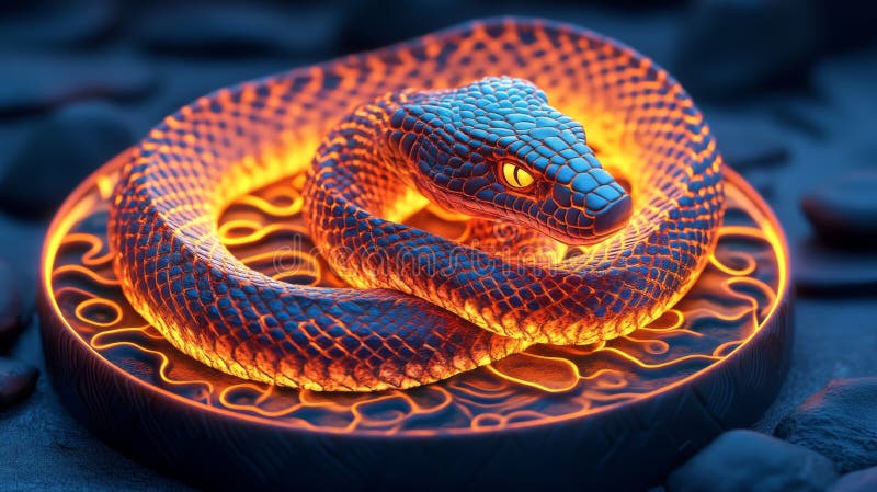 Fiery Serpent Coiled on Molten Rock Surface Stock Illustration ...