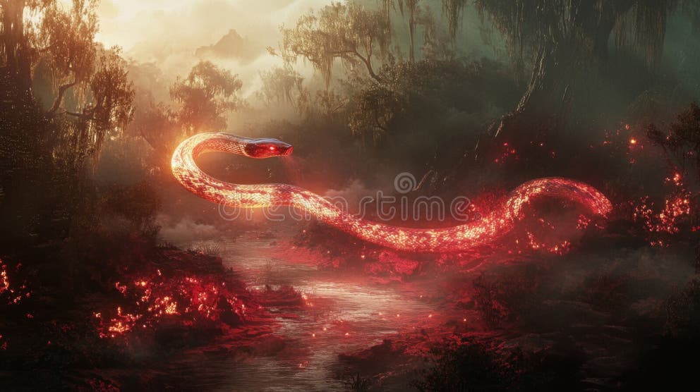 Fiery Serpent Soaring through Misty Forest Stock Illustration ...