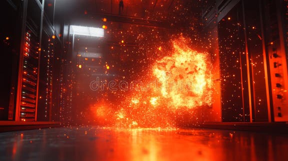 Fiery Server Room Explosion: Intense Orange Flames and Sparks Stock ...