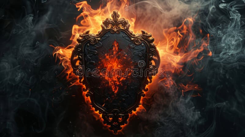 Fiery Shield Emblem Surrounded by Swirling Smoke and Flames at Dusk ...
