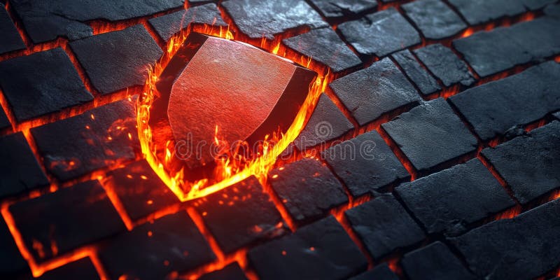 Fiery Shield Emerges from Dark Stone Path in Dramatic Display Stock ...
