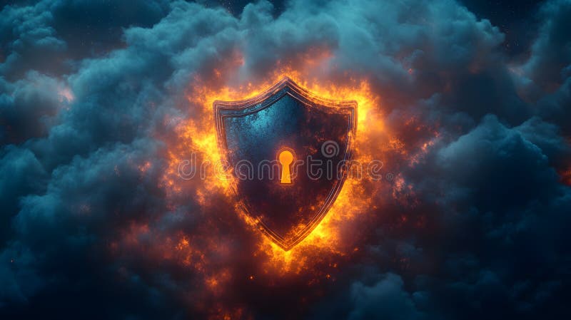 Fiery Shield Surrounded by Smoke Sparks,Symbolizing Strength and ...